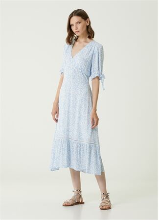 Lost+Wander Kadın Mavi V Yaka Çiçekli Midi Elbise M EU