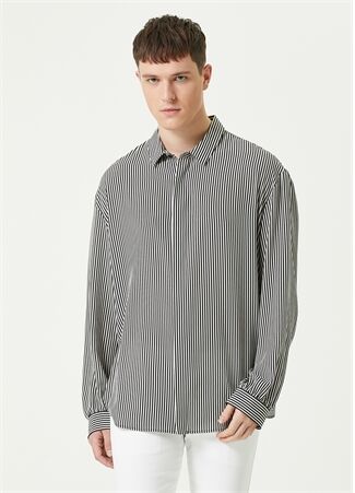Erkek Siyah Beyaz Çizgi Desenli İpek Gömlek 39 IT