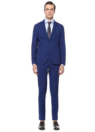 Pal Zileri Erkek Mavi Ekose Desenli Yün Takım Elbise 48 IT