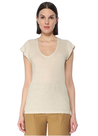 Etoile Isabel Marant Kadın Ekru V Yaka Keten T-shirt Bej L EU