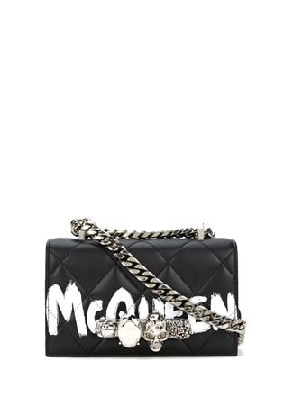 Alexander McQueen Kadın Siyah Logo Baskılı Deri Çanta EU