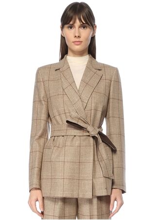 Kiton Kadın Bej Ekose Desenli Kelebek Yaka Yün Ceket 42 IT