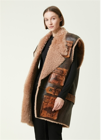 Balmain Kadın Kahverengi Shearling Deri Yelek 34 FR Balmain Kadın Kahverengi Shearling Deri Yelek 34 FR