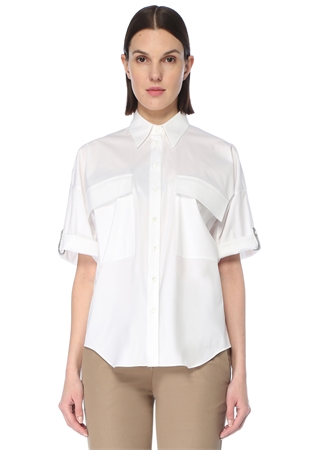 Brunello Cucinelli Kadın Beyaz Polo Yaka Taş Detaylı Gömlek L EU