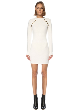 Balmain Kadın Ekru Reglan Kollu Mini Triko Elbise Beyaz 42 FR