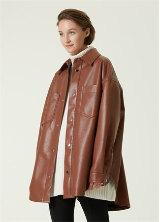 Nanushka Kadın Kahverengi Çift Cepli Deri Gömlek S EU