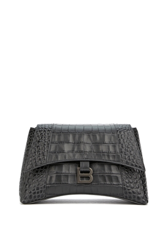 Balenciaga Kadın Hourglass Antrasit Deri Omuz Çantası Gri EU