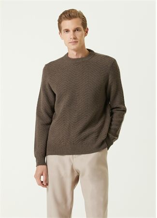 Emporio Armani Erkek Bej Balıksırtı Dokulu Yün Kazak M EU