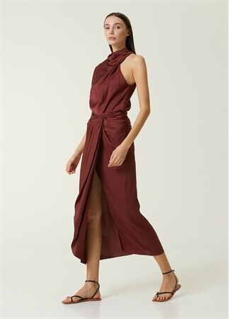 Johanna Ortiz Kadın Bordo Asimetrik Midi İpek Kokteyl Elbise 6 US