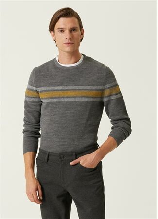 Network Erkek Slim Fit Gri Şerit Detaylı Yün Kazak XS EU
