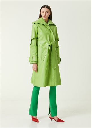 Coloreve Kadın Figura Yeşil Beli Kuşaklı Suni Deri Pardösü M/L EU