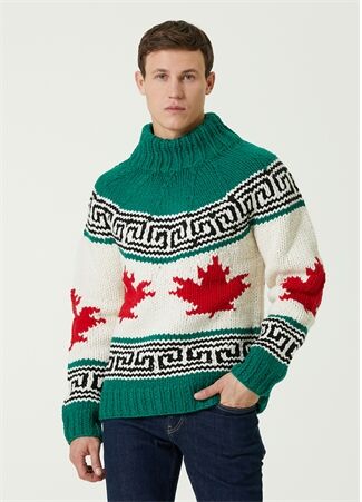 Dsquared2 Erkek Yeşil Örgü Dokulu Logo Jakarlı Yün Kazak Beyaz L EU