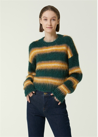 Kenzo Kadın Yeşil Sarı Bisiklet Yaka Çizgili Kazak S EU