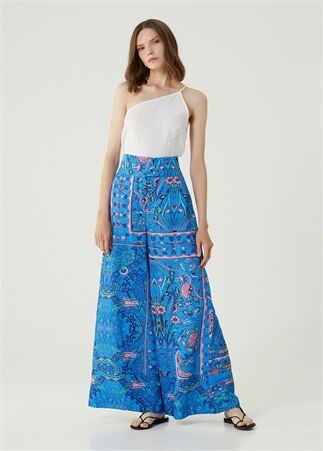Oopscool Kadın Mavi Çiçekli Bol Paça Pantolon M Eu