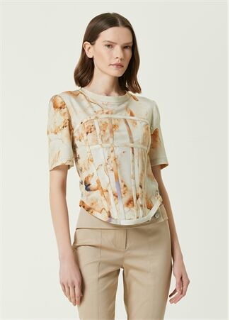 Rhodochrosite Kadın Happy Soul Desenli Korse Detaylı T-shirt XS EU