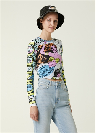 FIORUCCI Kadın Beyaz Desenli Uzun Kol Crop T-shirt XS EU FIORUCCI Kadın Beyaz Desenli Uzun Kol Crop T-shirt XS EU