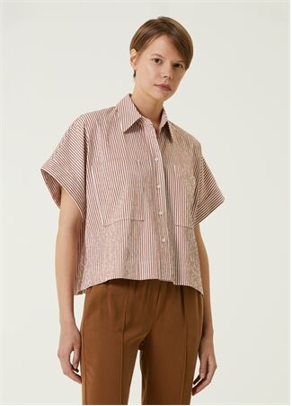 Beymen Club Kadın Turuncu Çizgili Çift Cepli Kısa Kol Gömlek XS