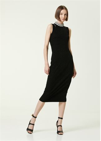 Balmain Kadın Siyah Yakası İşlemeli Midi Kokteyl Elbise 36 FR