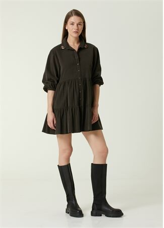 Beymen Club Kadın Haki Yakası Taşlı Mini Kadife Elbise 42