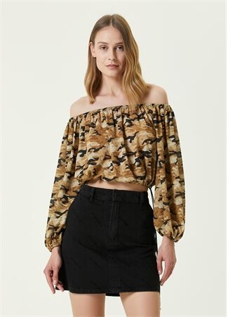 Academia Kadın Düşük Omuzlu Kamuflaj Desenli Şifon Bluz Kahverengi 34 EU