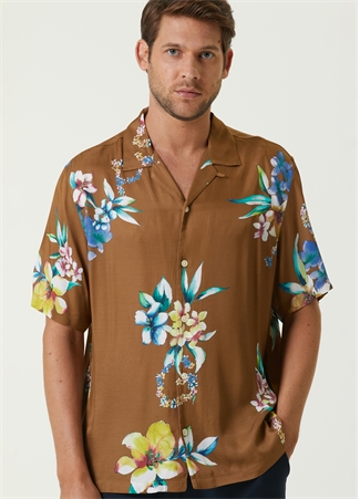 Allsaints Erkek Hana Kamel Çiçek Desenli Gömlek Kahverengi S EU