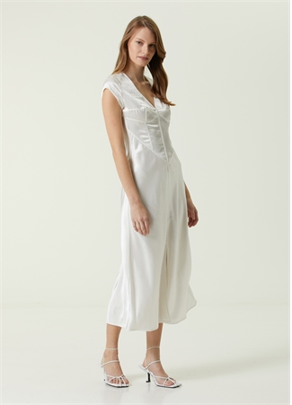 Anna October Kadın Ekru V Yaka Yırtmaçlı Midi Elbise Beyaz S EU