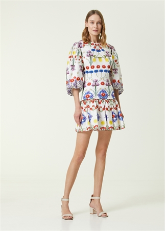 Borgo De Nor Kadın Tabi Beyaz Çiçekli Balon Kol Mini Elbise 6 UK