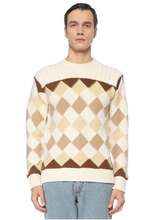 Salvatore Ferragamo Erkek Bej Beyaz Geometrik Jakarlı Yün Kazak S EU