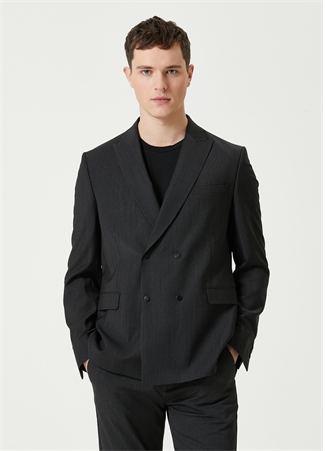 Academia Erkek Siyah Çizgi Desenli Kruvaze Ceket 44 IT