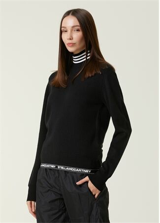 Stella McCartney Kadın Siyah Beyaz Dik Yaka Logo Bantlı Yün Kazak XS EU