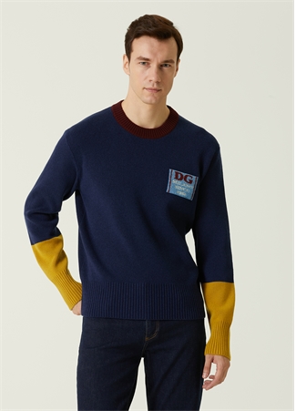 Dolce&Gabbana Erkek Colorblocked Bisiklet Yaka Logolu Yün Kazak Lacivert 44 IT