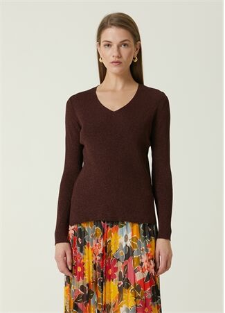 Beymen Club Kadın Bordo V Yaka Simli Önü Kısa Kazak Kahverengi S