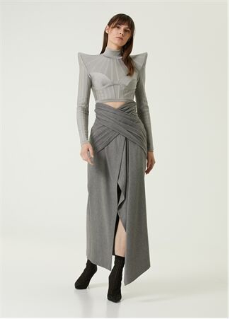 Balmain Kadın Gri Drapeli Maksi Yün Etek 36 FR