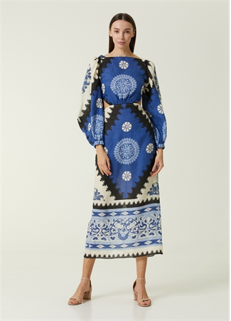 Johanna Ortiz Kadın Mavi Desenli Dekolte Detaylı Midi Keten Elbise 6 US