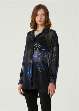 Academia Kadın Mavi Soyut Desenli Geniş Kesim Gömlek 34