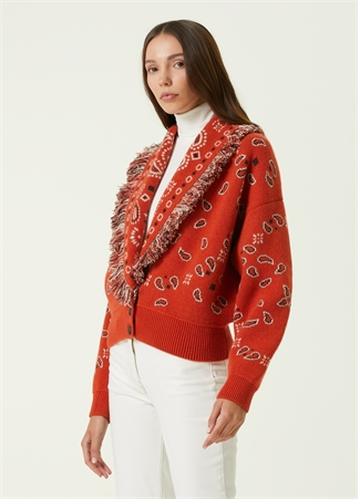 Alanui Kadın Kırmızı Yakası Püsküllü Etnik Desenli Yün Hırka S EU Alanui Kadın Kırmızı Yakası Püsküllü Etnik Desenli Yün Hırka S EU