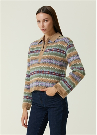 Polo Ralph Lauren Kadın Yeşil V Yaka Jakarlı Yün Kazak M Eu