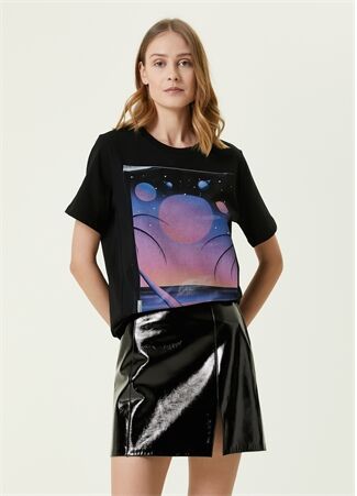 Academia Kadın Siyah Bisiklet Yaka Baskılı T-shirt S EU