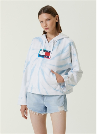 Tommy Jeans Kadın Beyaz Desenli Kapüşonlu Organik Pamuk Sweatshirt Mavi S EU Tommy Jeans Kadın Beyaz Desenli Kapüşonlu Organik Pamuk Sweatshirt Mavi S EU
