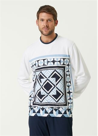 Dolce&Gabbana Erkek Majolica Beyaz Geometrik Desenli Sweatshirt Mavi 48 IT