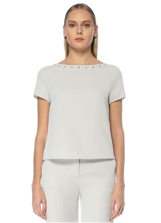 Emporio Armani Kadın Taş Kayık Yaka Troklu Kısa Kol Bluz Gri 44 IT