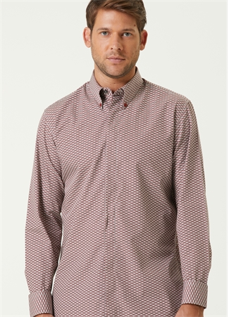 Salvatore Ferragamo Erkek Kırmızı Düğmeli Yaka Mikro Logo Desenli Gömlek M EU