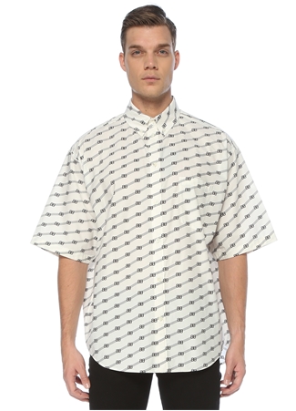 Balenciaga Erkek Large Fit Beyaz Logolu Kısa Kol Poplin Gömlek 39 IT