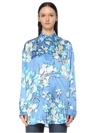 Balenciaga Kadın Mavi Çiçekli İpek Gömlek 38 IT