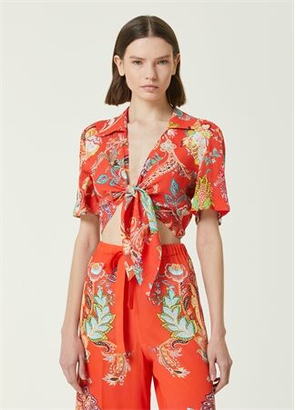 Etro Kadın Kırmızı Şal Desenli Beli Bağcıklı Gömlek 38 IT