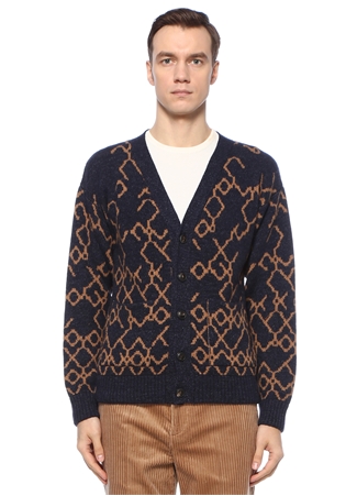 Pal Zileri Erkek Lacivert V Yaka Geometrik Jakarlı Kaşmir Hırka 50 IT