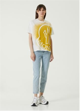 Moncler Kadın Beyaz Sarı Bisiklet Yaka Logolu T-shirt S EU