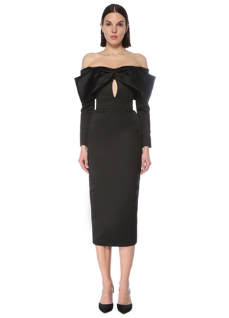 Rasario Kadın Siyah Düşük Omuzlu Midi Saten Kokteyl Elbise 38 IT