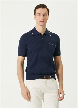 Brunello Cucinelli Erkek Lacivert Polo Yaka Çizgi Dokulu T-shirt 48 IT Brunello Cucinelli Erkek Lacivert Polo Yaka Çizgi Dokulu T-shirt 48 IT