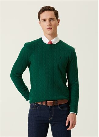 Polo Ralph Lauren Erkek Yeşil Saç Örgü Dokulu Yün Kazak L EU